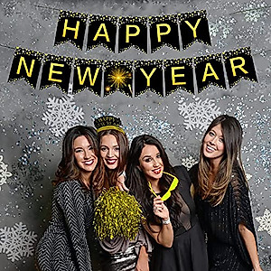 Famoby Black Happy New Year Banner New Year Hanging Bunting for Party Decorations Supplies