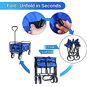 Collapsible Outdoor Utility Wagon Cart with Cup Holder, Large Capacity Folding Garden Shopping Cart,Heavy Duty Foldable Cart, for Activities, Parks, Camping (Blue)