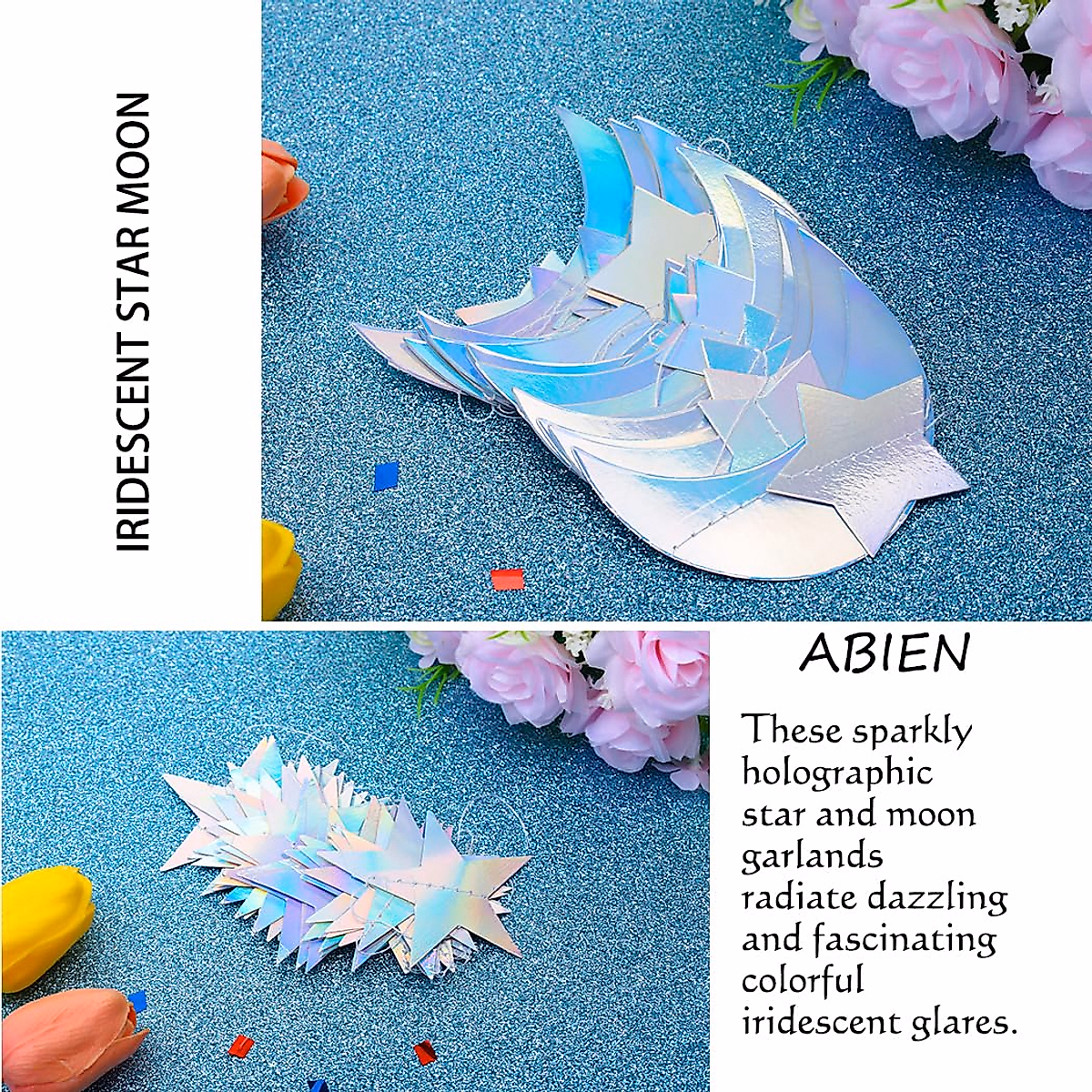 Abien Moon Star Garland Decorations Holographic Hanging Decor Party Streamers Silver Twinkle Star Banner Backdrop for Baby Shower Birthday Wedding Engagement Disco Sparkly Party Decorations 4PCS