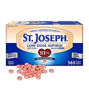 St. Joseph Aspirin Pain Reliever (NSAID) 81mg, Enteric Safety Coated, Adult Low Dose Regimen, 365 ct (1 Year Supply)