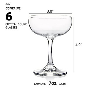 FAWLES Crystal Coupe Glasses, Set of 6, 7 Ounce(220ml), Elegant Short Stem Design, Clear Cocktail Glasses Sets Perfect for Drinking Champagne, Sweet Wine, etc.