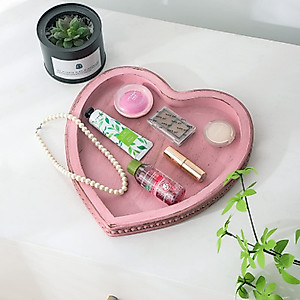 FESTWIND Heart Shaped Decorative Tray, Wooden Tray for Decor Coffee Table Dinning Table, Kitchen Island Decor Centerpiece, Farmhouse Tray Beaded Distressed Pink