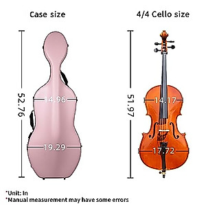 4/4 Full Size Cello Case, 100% Carbon Fiber Hard Shell Backpack，also Fits for 3/4, as 7.7 LB Only, and Hygromether and 1 Accessory Bag, 1 Music Sheet Bag, Sturdy, Portable and Waterproof (Pink Matte)