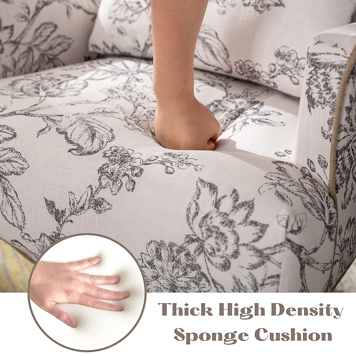 CIMOO Mid Century Modern Accent Chair Set of 2 Floral Reading Chair with Removable Pillow Wingback Arm Chair Upholstered Comfy Single Sofa for Living Room/Bedroom/Fireplace, Beige 2PCS