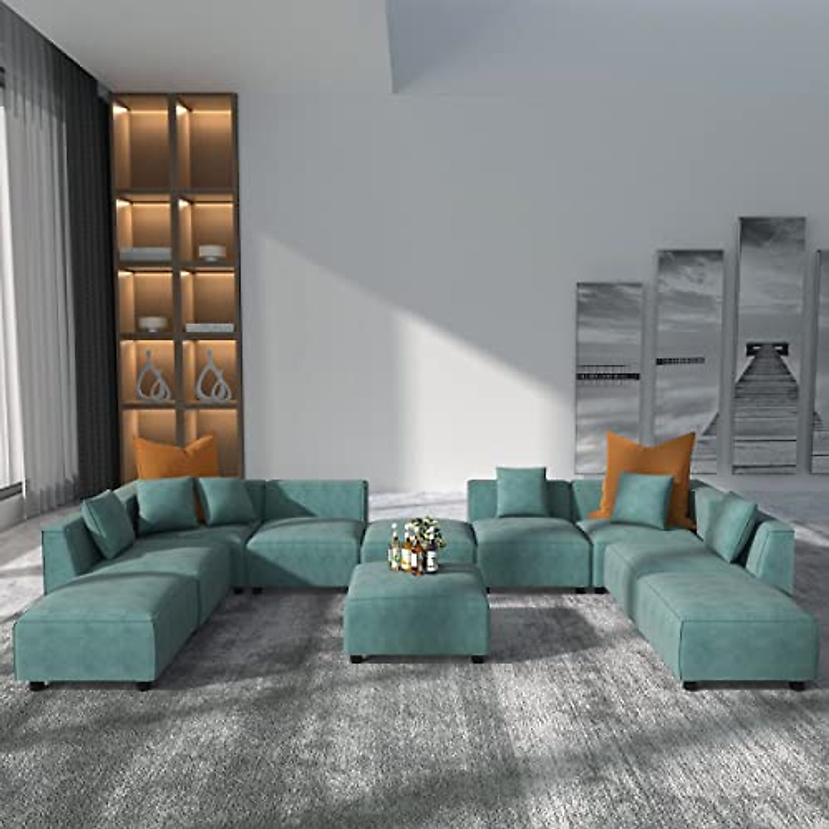 LLappuil Modern Modular Sectional Sofa Set, Low Back Minimalist Style Couch with Ottoman, Soft Fabric 10 Seater Oversized 153.5" U Shaped Sofa for Living Room, Aqua Blue