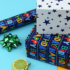 AUCLAY Reversible Birthday Wrapping Paper for Boys Girls Kids Adults Baby Shower Holiday - Colorful Happy Birthday Lettering and Stars Design - Gift Wrapping Paper Roll, 17.7 Inch X 33 Feet