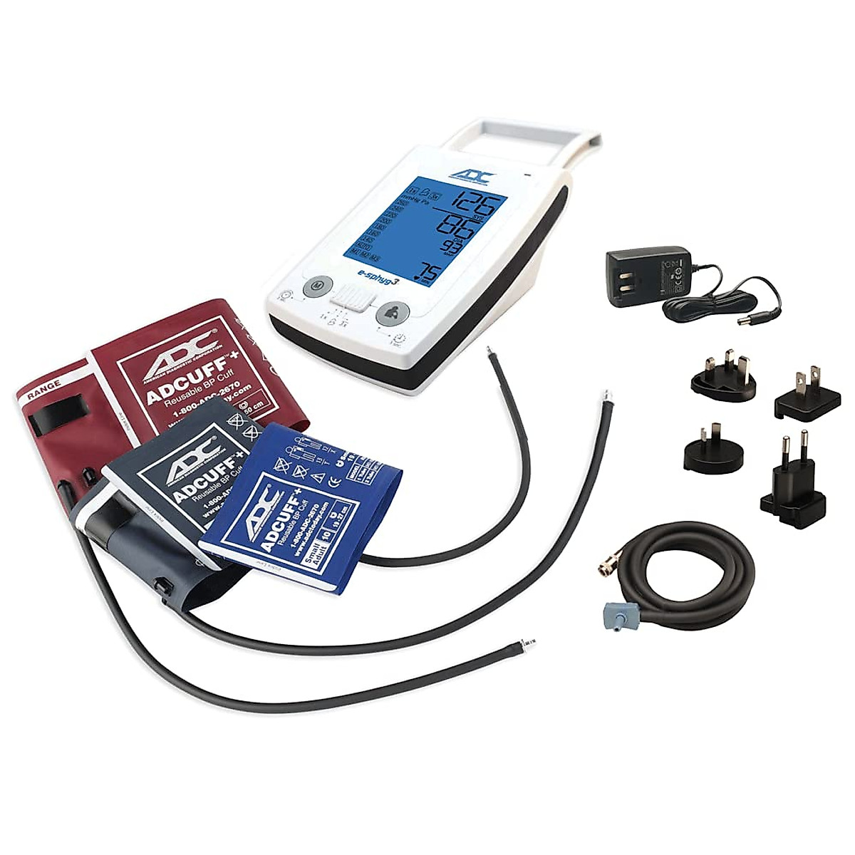 ADC e-sphyg 3+ NIBP Monitor, Set of One-Piece, Reusable Adcuff+ Cuffs (Small Adult, Adult, Large Adult), 9003K-MCC1
