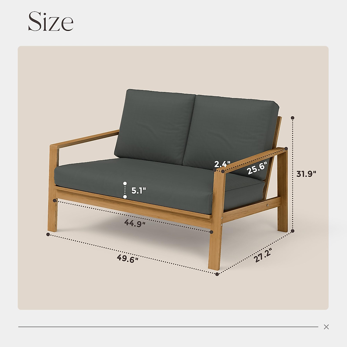 Arceisle 4 PCS Acacia Wood Patio Furniture Set,5" Cushion Thickness Outdoor Seating Chat Set with Gray Cushions & Back Pillow,Outdoor Conversation Set with Coffee Table,Ideal for Garden,Backyard