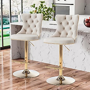 Aoowow Swivel Bar Stools Set of 2,Adjustable Barstools with Back Velvet Tufted Counter Stool Modern Upholstered Bar Chairs with Nailhead for Kitchen Island Restaurant Pub Counter (Beige-Gold)