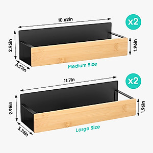 JEJEGO Aesthetic Magnetic Spice Racks Organizer for Refrigerator, 4 Pack Movable Magnetic Fridge Shelf for Laundry and Kitchen Organization, Metal and Natural Bamboo, Black