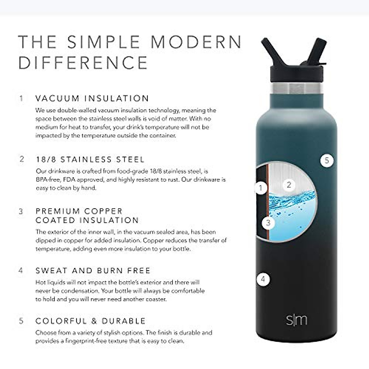 Simple Modern Water Bottle with Narrow Mouth Straw Lid Metal Thermos Vacuum Insulated Stainless Steel l Reusable Leak Proof BPA-Free Flask | Ascent Collection | 24oz, Moonlight