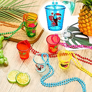 12 Pcs Hawaiian Luau Shot Glasses Bead Necklace Hawaiian Aloha Party Necklace Cups Flamingo Hibiscus Shot Glass Beaded Necklace Plastic Shot Glasses Necklace for Hawaiian, Summer Tiki Party Supplies
