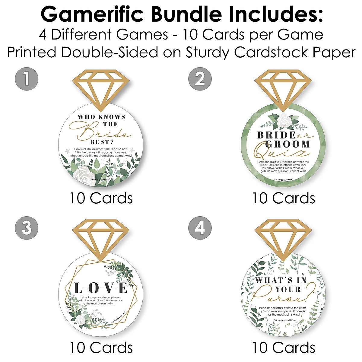 Big Dot of Happiness Boho Botanical Bride - 4 Greenery Bridal Shower Games - 10 Cards Each - Gamerific Bundle