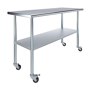 AmGood 24 in. x 60 in. Stainless Steel Work Table with Wheels | Metal Kitchen Food Prep Table | NSF