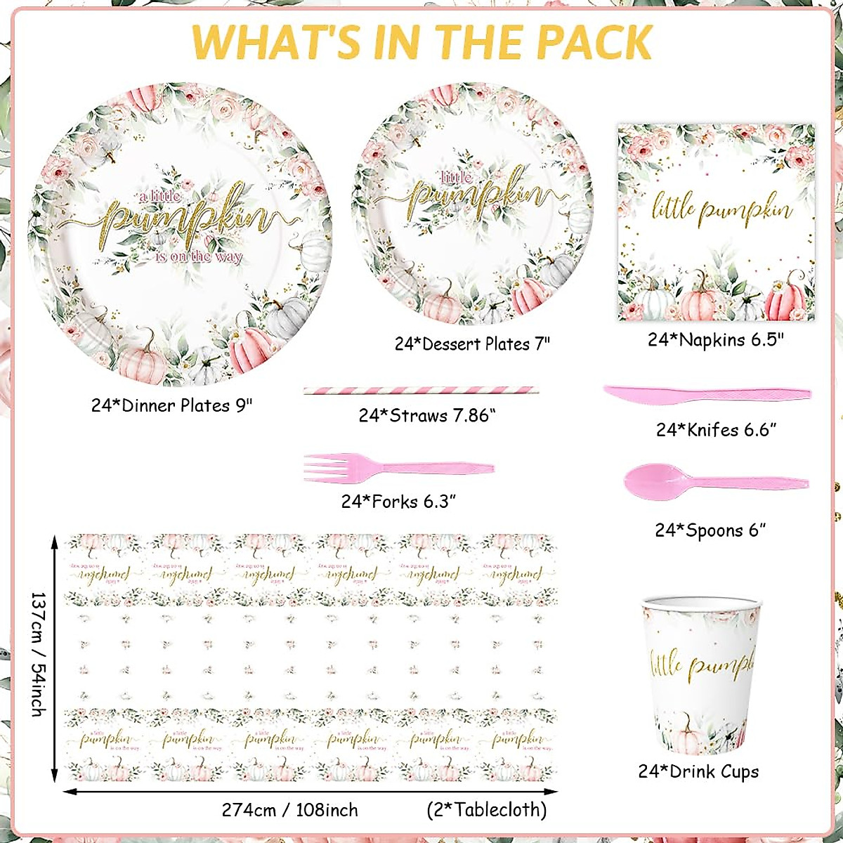 AIBIIN 192PCS Pumpkin Baby Shower Party Supplies Decorations for Girl Pink Little Pumpkin Baby Shower Disposable Tableware Set with Plates Napkins and Tablecloth Serves 24 Guests
