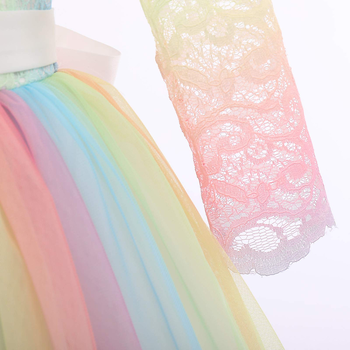 Baby Girls 3/4 Sleeve Floral Lace Tulle First Communion Pageant Holiday Dresses Kids Big Girls Princess Birthday Carnival Christmas Baptism Christening Birthday Prom Ball Gown Rainbow-White 7-8 Years