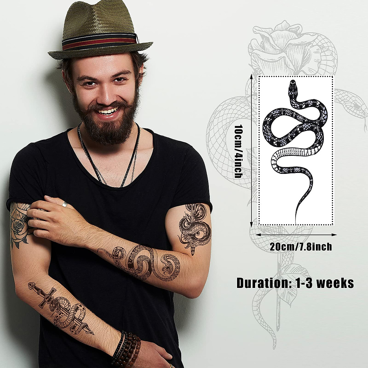 16 Sheets Realistic Snake Temporary Tattoo 3D Tribal Serpent Fake Tattoos Waterproof Peony Fake Rose Tattoos Temporary Viper Floral Designed Tattoo Stickers with Forearm Swords for Arm Body Art, Black