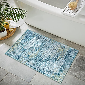 Uphome Abstract Area Rug 2x3, Blue Washable Non-Slip Bathroom Rugs, Small Soft Farmhouse Distressed Entryway Rug, Vintage Low Pile Indoor Throw Rug for Kitchen Bedroom Entrance