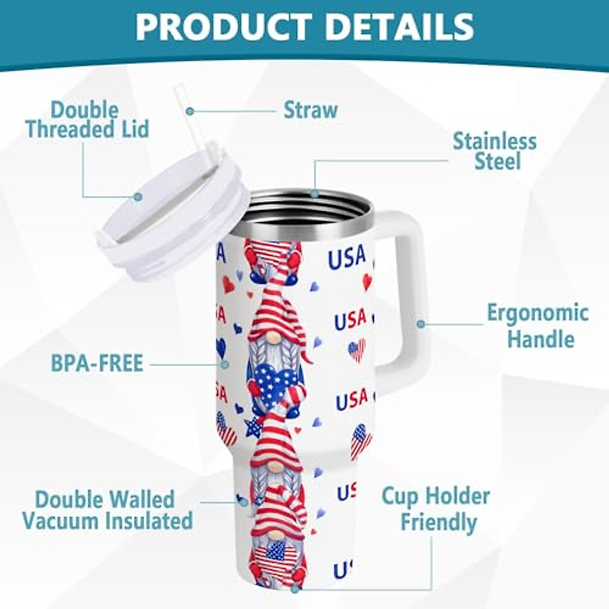 ODAWA Large Fall Insulated Tumbler with Lid and Straw, Cute Gnomes Usa Flag Double Wall Insulated Tumbler