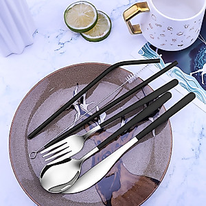 AKONEGE Portable Utensils Reusable 18/8 Stainless Steel Flatware Travel Camping Cutlery Set with Case, Include Fork Spoon Knife Cleaning Brush Straws Dinnerware Set, Dark Green