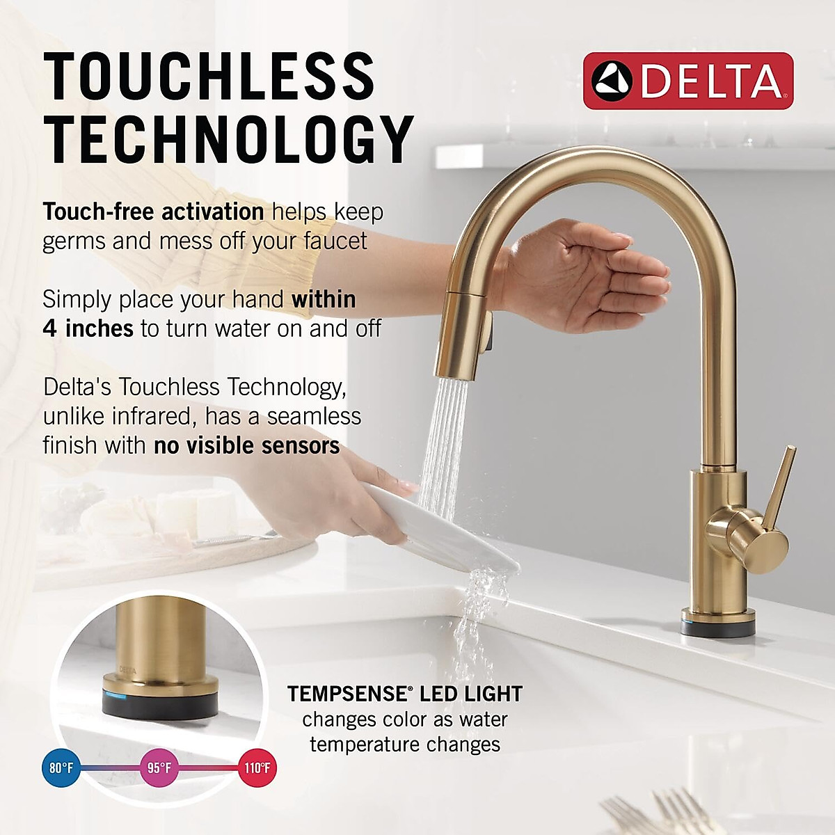 Delta Faucet Trinsic Touch Kitchen Faucet with Touchless Technology, Kitchen Faucet with Pull Down Sprayer, Gold Kitchen Sink Faucet, Touchless Kitchen Faucet, Champagne Bronze 9159TL-CZ-DST