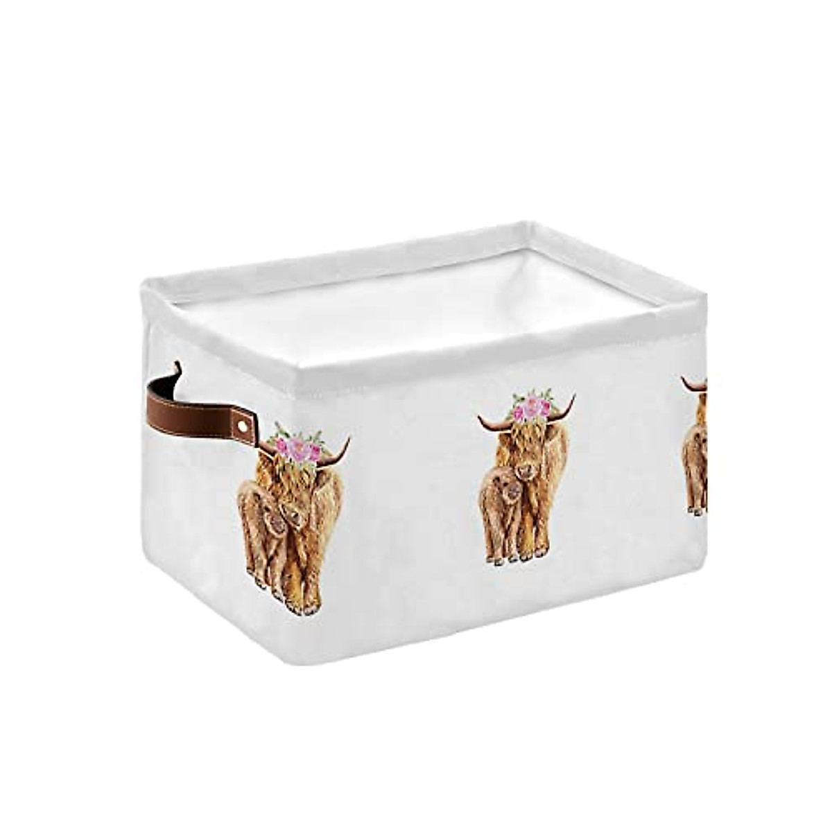 Storage Basket Highland Cattle Yak Cow with Flower Storage Bin with Handles, Animal Art on White Collapsible Organizer Storage Cubes Bins for Closet, Laundry Clothes, Bathroom, Nursery Toys