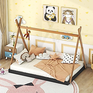 Acosure Full Size Tent Wood Floor Bed with Triangle Structure&X-Shaped Safety Railings,Montessori Style House Tent-Bed Frame for Boys Girls Teens,No Box Spring Required,Black+Brown