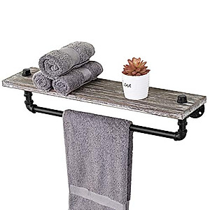 MyGift Rustic Torched Wood Small Bathroom Shelf Wall Mounted Industrial Metal Pipe Towel Bar