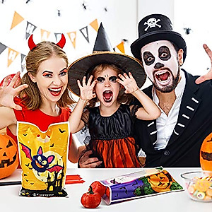 100 Pieces Halloween Plastic Bags Candy Bags Trick or Treat Bags Jack O Lantern Pumpkin Treat Bags Goody Bags Favor Bags in 5 Designs for Halloween Party Favor