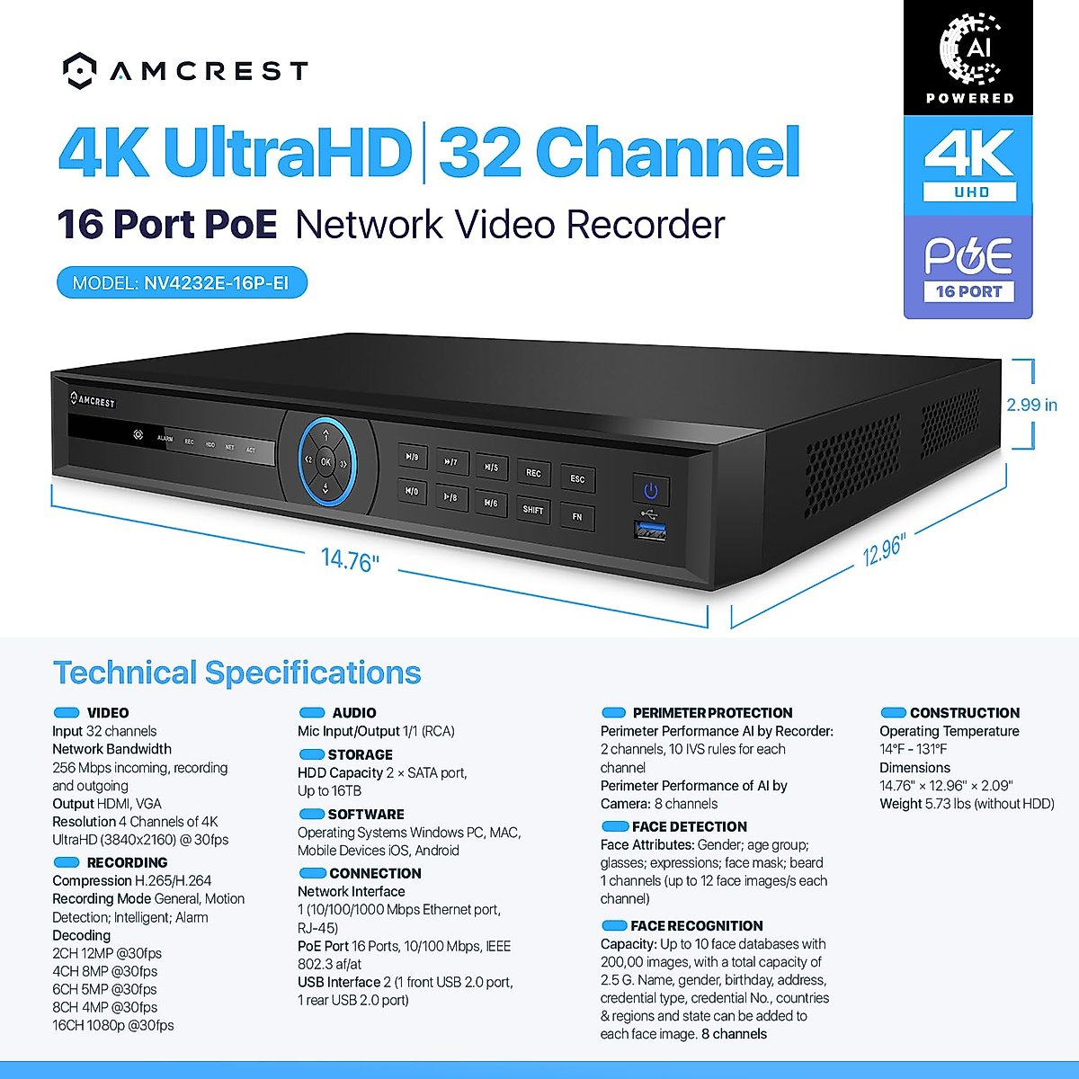 Amcrest 4K 32-Channel AI NVR (16-Port PoE) Smart NVR, Facial Recognition, Facial Detection & Vehicle Detection - Supports 32 x 4K IP Cameras, Supports up to 2 x 16TB HDD (Not Included) NV4232E-16P-EI