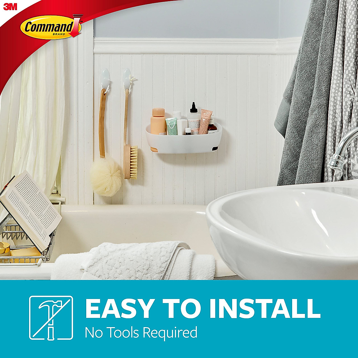 Command Shower Caddy with 4 Water Resistant Command Strips, Holds up to 6.5 lb, 11.46" x 4.66" x 4.82" Damage Free Bathroom Organization, Proven to Hold Better Than Suction Cups