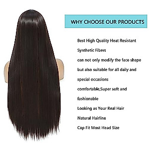 Long Straight Highlights wig Middle Part Natural hairline Synthetic Wigs for Women 24 Inch Heat Resistant Fibre for Daily Party Use(Dark Brown Mixed Brown)