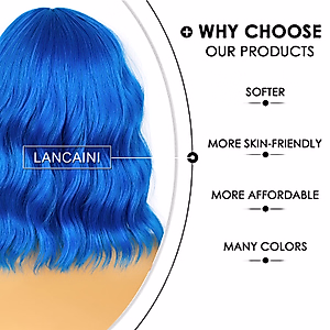 LANCAINI Short Bob Wavy Wig with Bangs for Women Loose Curly Shoulder Length Synthetic Cosplay Wig Bob for Girl Colorful Costume Wigs (Blue)