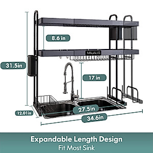 MAJALiS Over Sink Dish Drying Rack, Stainless Steel 2 Tier Large Dish Drainer Above Sink Adjustable 27.5" - 33.5", Expandable Kitchen Counter Organizer Storage Shelf with 6 Hooks
