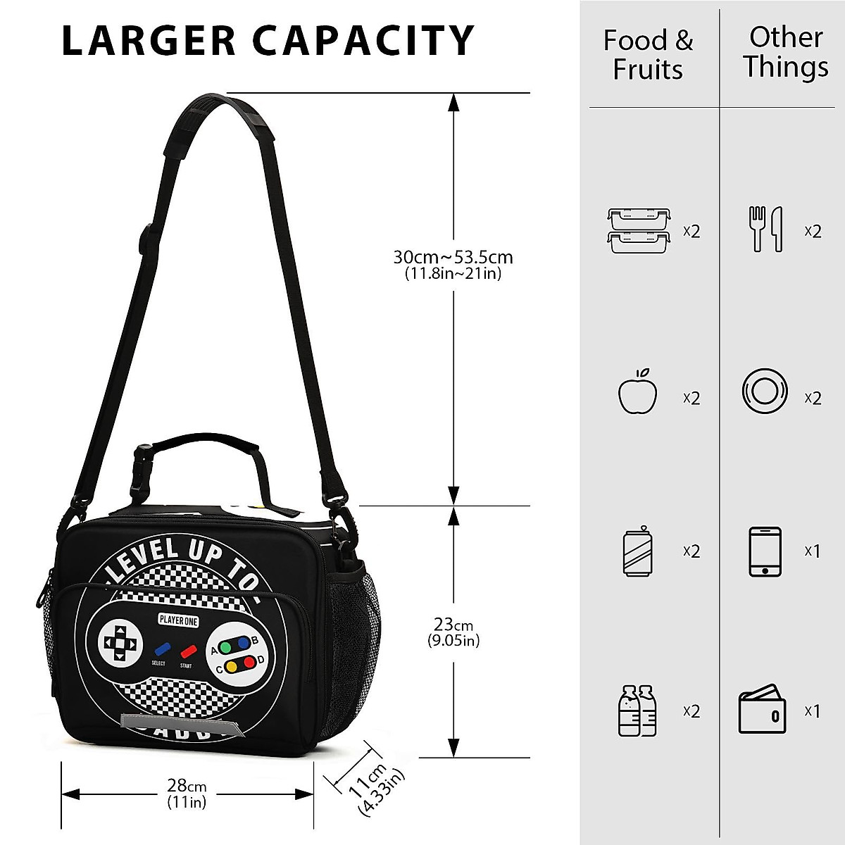 Joystick Gamepad Console Lunch Bag for Women Men Level Up To Daddy Quote Insulated Cooler Tote Bag with Adjustable Shoulder Strap Large Capacity Reusable Leakproof Picnic Lunch Box Outdoor for Adult O