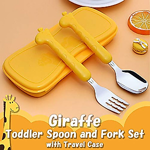 Toddler Utensils Kids Spoon and Fork Set 18/8 Stainless Steel Silverware BPA Free Cute Giraffe Child Flatware with Travel Case for Age 3+