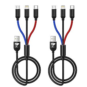 Multi Charging Cable, Multi Charger Cable Nylon Braided 3 in 1 Charging Cable Multi USB Cable Fast Charging Cord with Type-C, Micro USB and IP Port, Compatible with Most Phones & iPads (2 Pack 4FT)