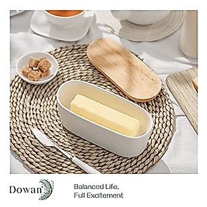 DOWAN Porcelain Butter Dish, Covered Butter Container with Wooden Lid for Countertop, Airtight Butter Keeper with Covers for East West Coast Butter, White