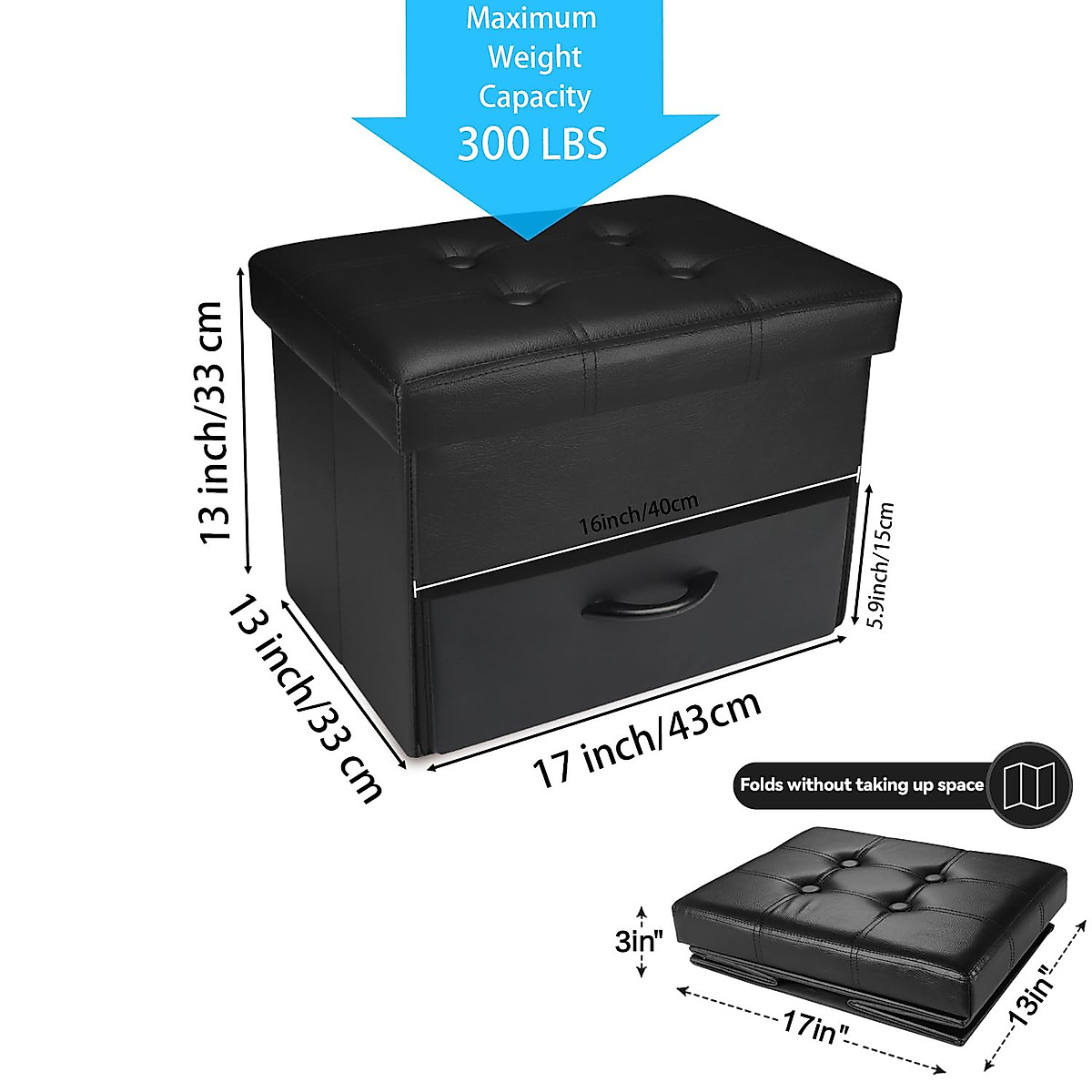 Bsketa Storage Ottoman with Drawers, Folding Foot Stool with Thicker Foam Padded Seat Small Leather Storage Ottoman Bench Foot Rest for Living Room Foldable Coffee Table 17x13x13in,Black