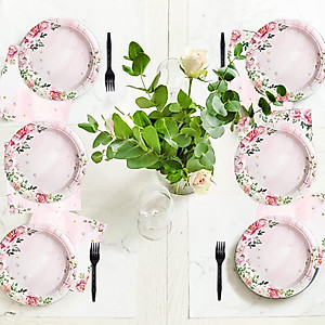 gisgfim 48 Pcs Floral Paper Plates 7" Pink Girls’ Birthday Party Disposable Dessert Plates Supplies Decorations Tea Party Plates Tableware for Wedding Baby Shower