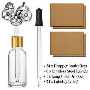 12 Pcs, 1 OZ Dropper Bottles (30ml) with 3 Funnels & 1 Long Dropper - Clear Glass Bottles for Essential Oils with Eye Droppers - Tincture Bottles, Leak-Proof Travel Bottles for Liquids, Golden Cap