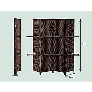 4 Panel Room Dividers and Folding Privacy Screens, 71 Inch High Hand-Woven Design Room Divider Folding Wall Dividers with Shelves, Portable Partition Screen for Room,Freestanding Room Separator, Brown