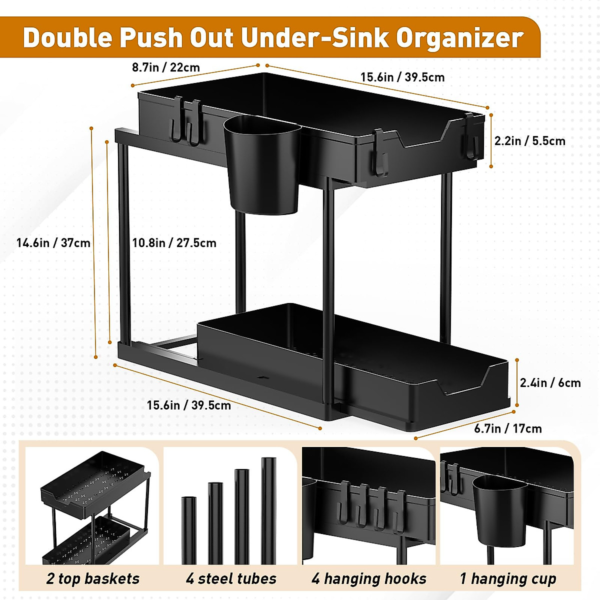 Ulruo 2 Pack Double Pull Out Under Sink Organizers, 2 Tier Multi Purpose Under Cabinet Organizer with Hooks & Hanging Cups, Under Sink Shelf Organizer for Kitchen Bathroom, Black