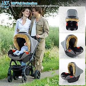 Yinuoday Baby Car Seat Cover with Faux Fur Hem Winter Knitted Stretchy Infant Stroller Cover Carseat Canopy for Boy Girl Indoor Outdoor