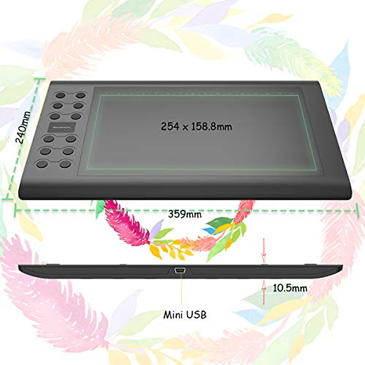 Drawing Tablet GAOMON M106K PRO 10 x 6.25 inches Large Graphic Tablet, Digital Art Tablet Supports Tilt Function with 12 Shortcut Keys, Battery-Free Stylus, Work with Mac, Windows PC & Android