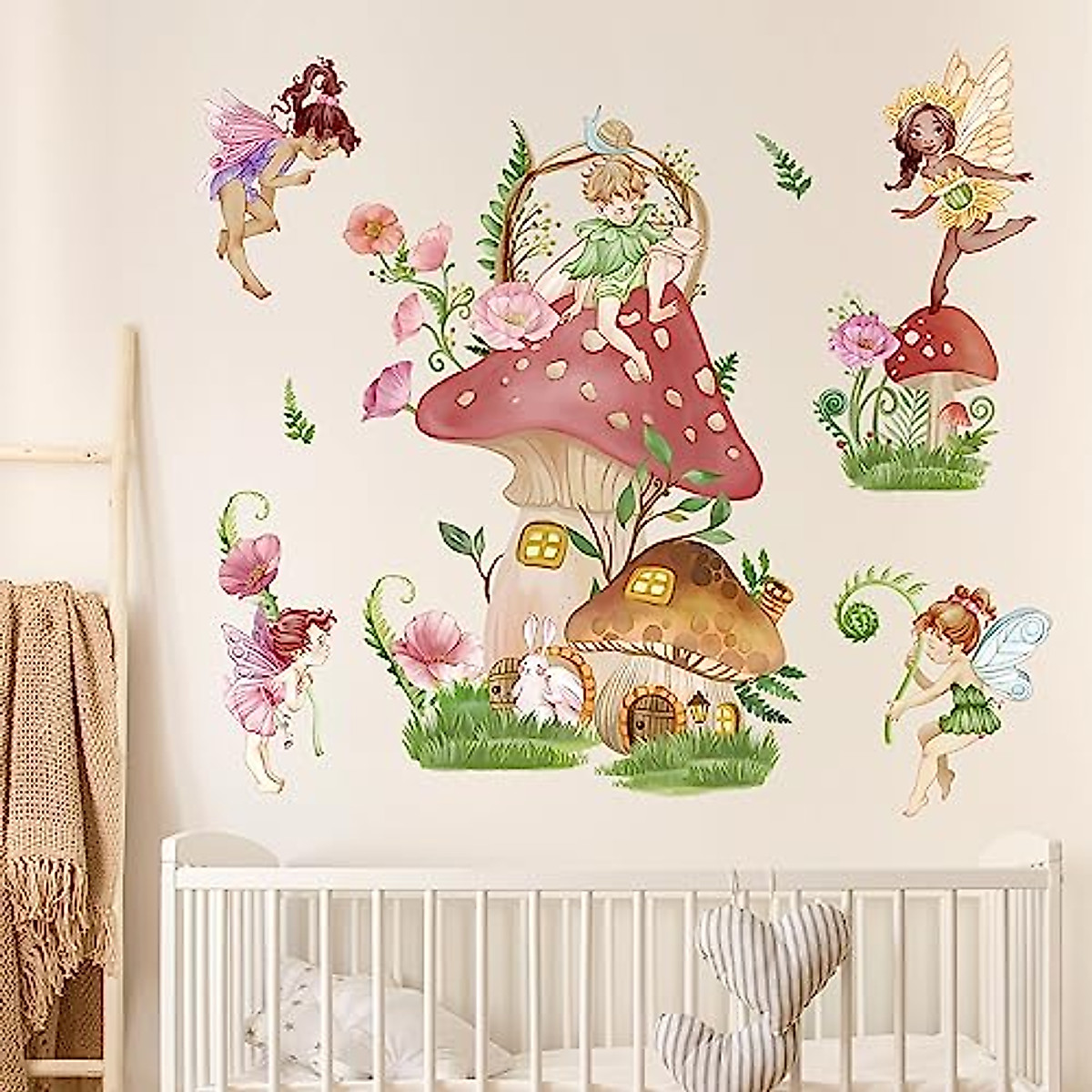 decalmile Forest Mushroom Fairy Wall Decals Elf Flower Grass Butterflies Wall Stickers Girls Bedroom Nursery Classroom Wall Decor