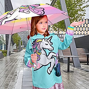 Girls Rain Jacket & Kids Umbrella Set - Toddler Umbrellas for Rain - Kids Raincoat for Boys and Girls Rain Coat for 5-7 (Unicorn Design)