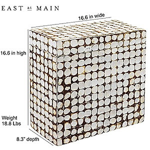 East at Main Rectangle Side Table - Real Coconut Shell Mosaic Inlaid, Pre-Assembled, Natural Wood and Patina Finish, Storage Side Table(White/Rectangle)