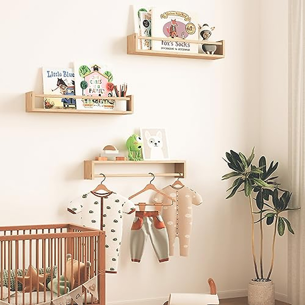 Fixwal Nursery Book Wall Shelves, 16.5 Inch Floating Bookshelves for Wall Set of 3, Baby Nursery Decor, Solid Wood Wall Mounted Shelves for Books, Toys and Decor Storage (Natural Wood)