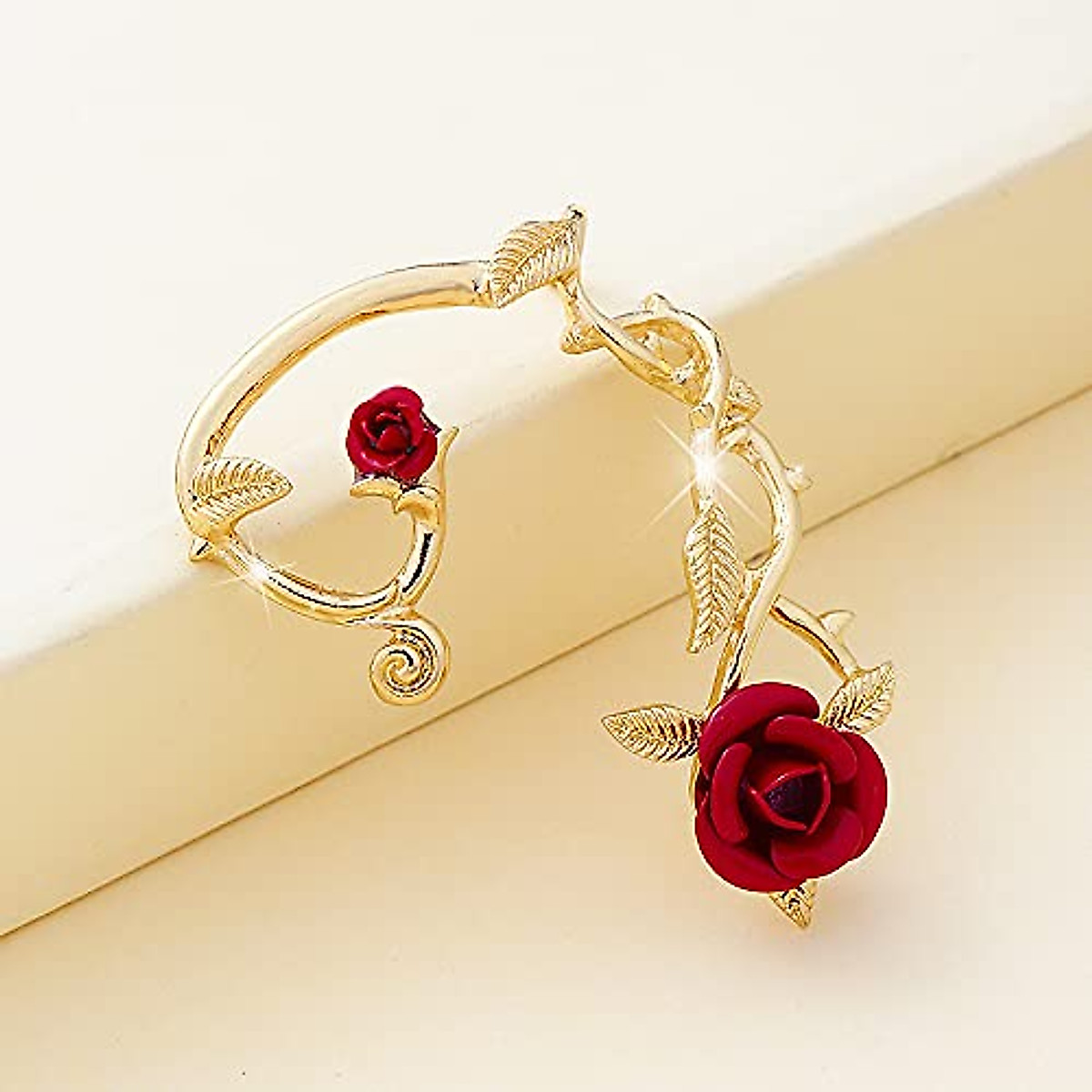 Retro Rose Flower Climbers Crawler Jacket Earrings Sparkly Metal Left Ear Cuff Wrap Clip Stud Earring for Women Fashion Jewelry 1 PC (Gold)